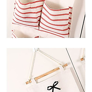 Halyuhn 24 x 10 Inch 6 Pockets Wall Hanging Storage Bag, White Red Striated Waterproof Linen Fabric Organizer with Self Adhesive Hook Wood Bar, Narrow 3-Shelf Over The Door Closet Pockets Chart