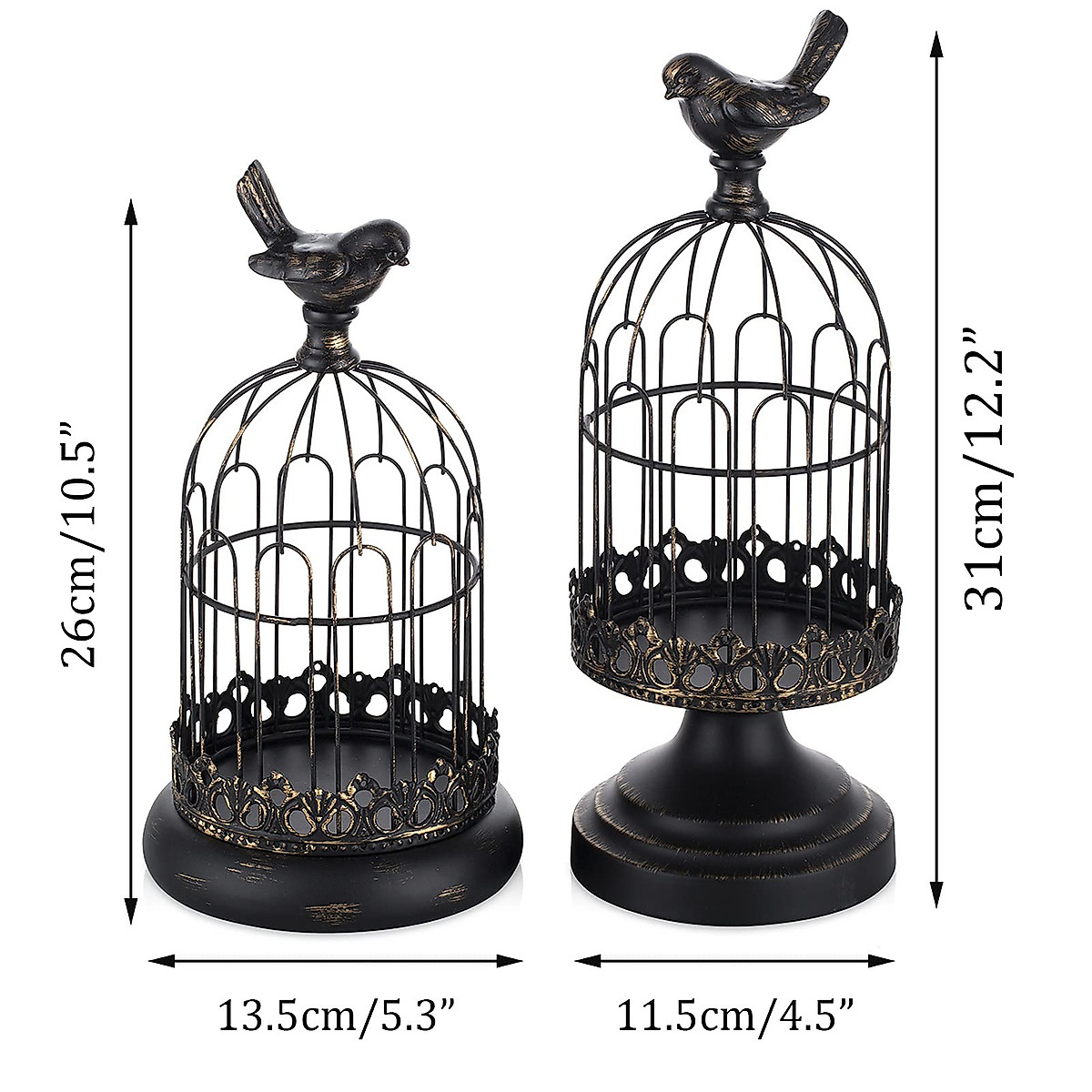 Decorative Candle Holder Bird Cage - Set of 2 Cage Lanterns for Candleholder Shabby Chic Country Home Decoration Table Centerpiece Mantel Decor, 10’’/12’’ Tall, Distressed Ivory