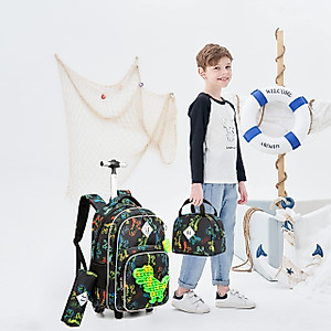 Meetbelify Rolling Backpack for Boys with Lunch Box Set Dinosaur Backpack with Wheels Kids Travel Suitcase Laptop Luggage for Boys Age 6-8