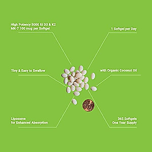 UpNourish Liposomal Vitamin D3 K2 MK7 365 Softgels - VIT D3 5000 IU + K2 100 mcg with Organic Coconut Oil - K2 D3 Vitamin Supplement - Vitamin D and K Supplement - Non GMO Gluten Free