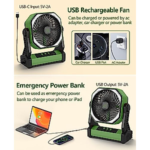 TDONE Camping Fan Portable Rechargeable Fan 20000mAh 8-Inch Battery Operated Fan with LED Lights & Hook, Personal Desk Fan for Home, Office, USB Battery Powered Fan for Tent, Camping, Fishing