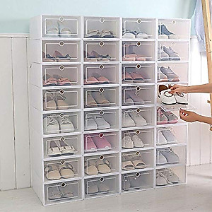 Shoe Storage Boxes 12 Pack Foldable Plastic Transparent Shoe Box Storage Clear Organizer Stackable Shoe Containers with lids Display Sneakers (White)