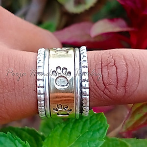 Paw Print Spinner Ring, Solid 925 Sterling Silver Ring, Brass Footprint Ring, Meditation Ring, Handmade Ring and Paw Symbol Spinner Ring for Women, Anxiety Ring, Mediation Ring and Fidget Spinner Ring