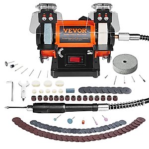 VEVOR Bench Buffer Polisher, Bench Buffer Grinder Polishing & Buffing Machine for Metal/Jewelry/Wood/Jade/Plastic/Silver DIY, with Wool/Abrasive Fiber Wheel/Grinding Wheel,100pcs Tools, 3590RPM