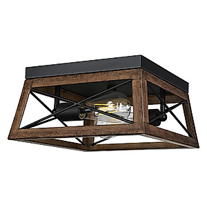 DEWENWILS Farmhouse Metal Flush Mount Light Fixture with Wood Grain Finish, 2-Light Ceiling Lamp for Kitchen, Hallway, Entryway, Foyer