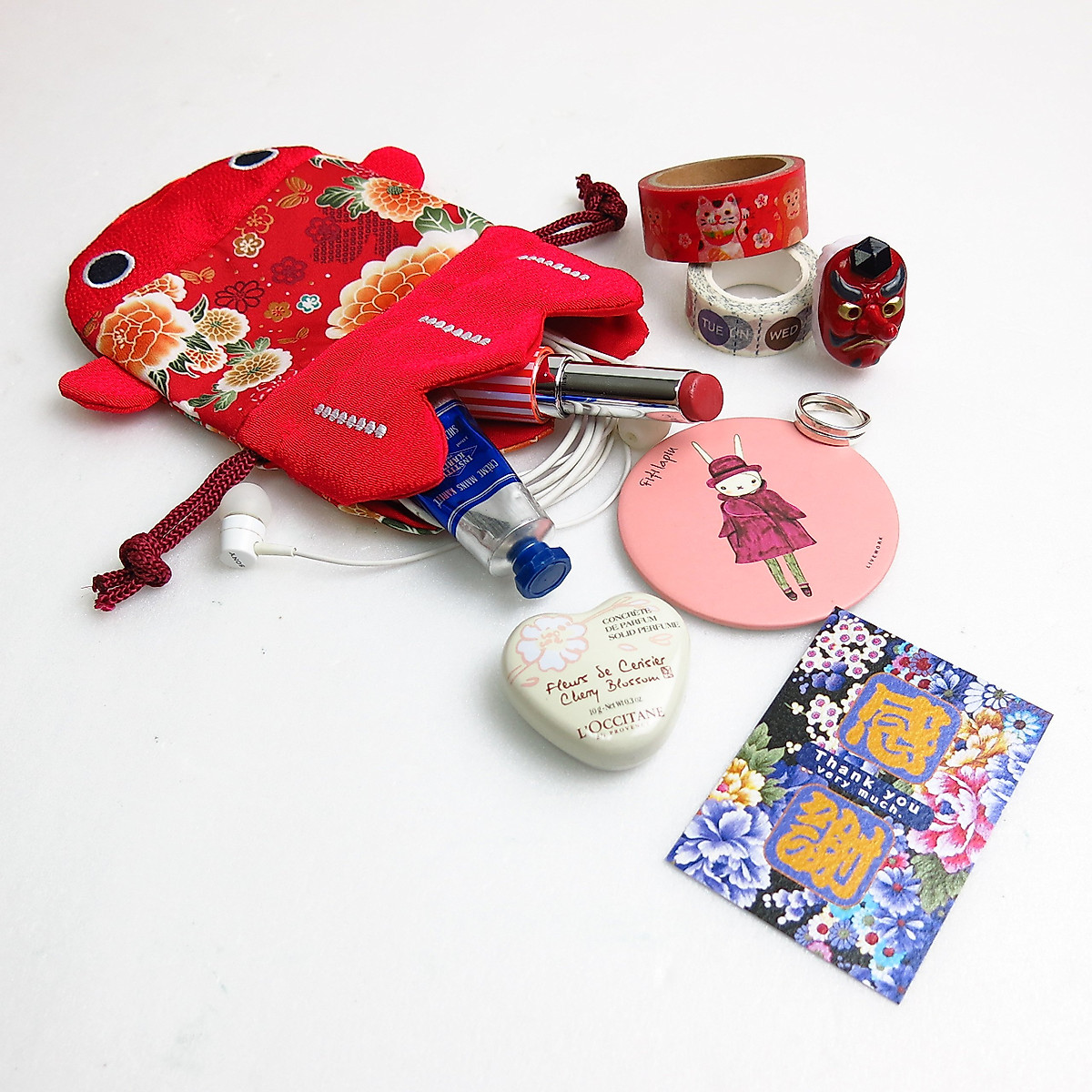 BARbee Red Japanese Chirimen & Kimono Print Fabric Goldfish Drawstring Pouch Coin Dice Purse Cosmetic Jewelry Key Travel Storage Bag Valentine's Day Gift Christmas Gift (Large)