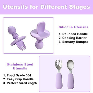 BY FOREV Silicone Baby Feeding Set, Baby Led Weaning Supplies with Suction Bowl Divided Plate, Toddler Self Feeding Dish Set with Spoons Forks Sippy Cup Adjustable Bib, Eating Utensils (Purple)