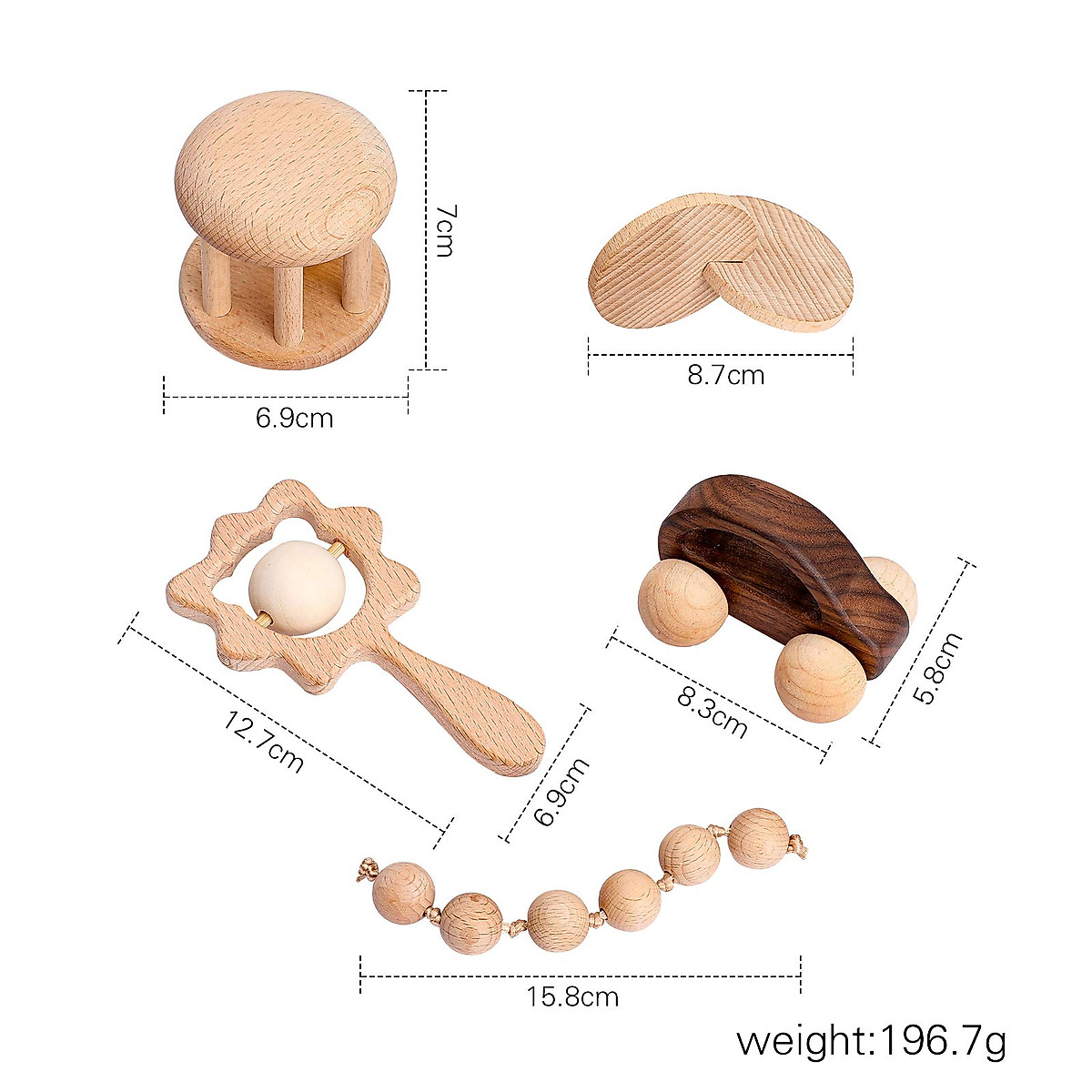 Wooden Baby Toys for Babies 0-6 Mounths, Wooden Rattles Grasping Toys Set, Montessori Wood Baby Push Car and Handbells，Interlocking Dics Toys, Wooden Toy for Newborn Infant Baby Gifts, 5 PCS
