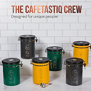 CafetastiQ 38oz / 22oz Coffee Canister – Airtight Stainless Steel Storage Container with Date Tracker & Scoop, Sealed Jar for Grounds, Beans, Tea, Flour, Cereal, and Sugar (Yellow Morning, 38OZ)