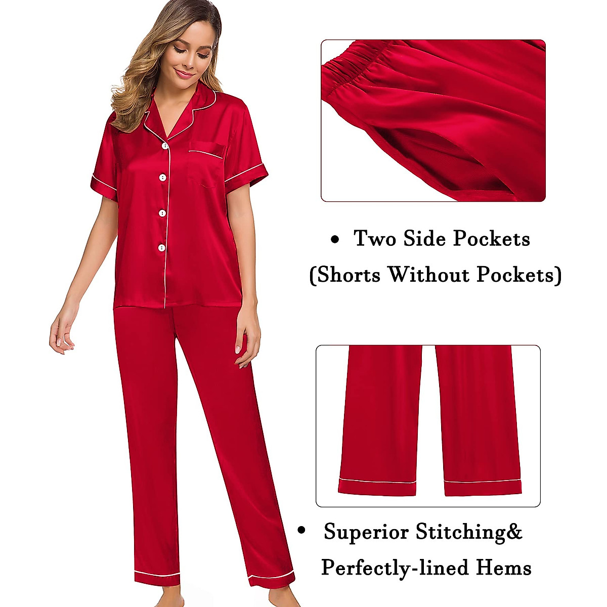 SWOMOG Womens 3pcs Pajamas Set Silk Satin Short Sleeve Sleepwear Button Down Loungewear Pjs Nightwear Red Medium
