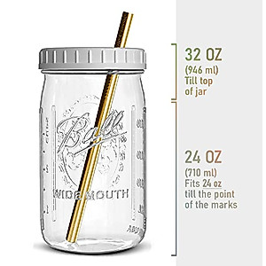 Reusable Wide Mouth Smoothie Cups Boba Tea Cups Bubble Tea Cups with Lids and Gold Straws Mason Jars Glass Cups (2-pack, 32 oz mason jars)