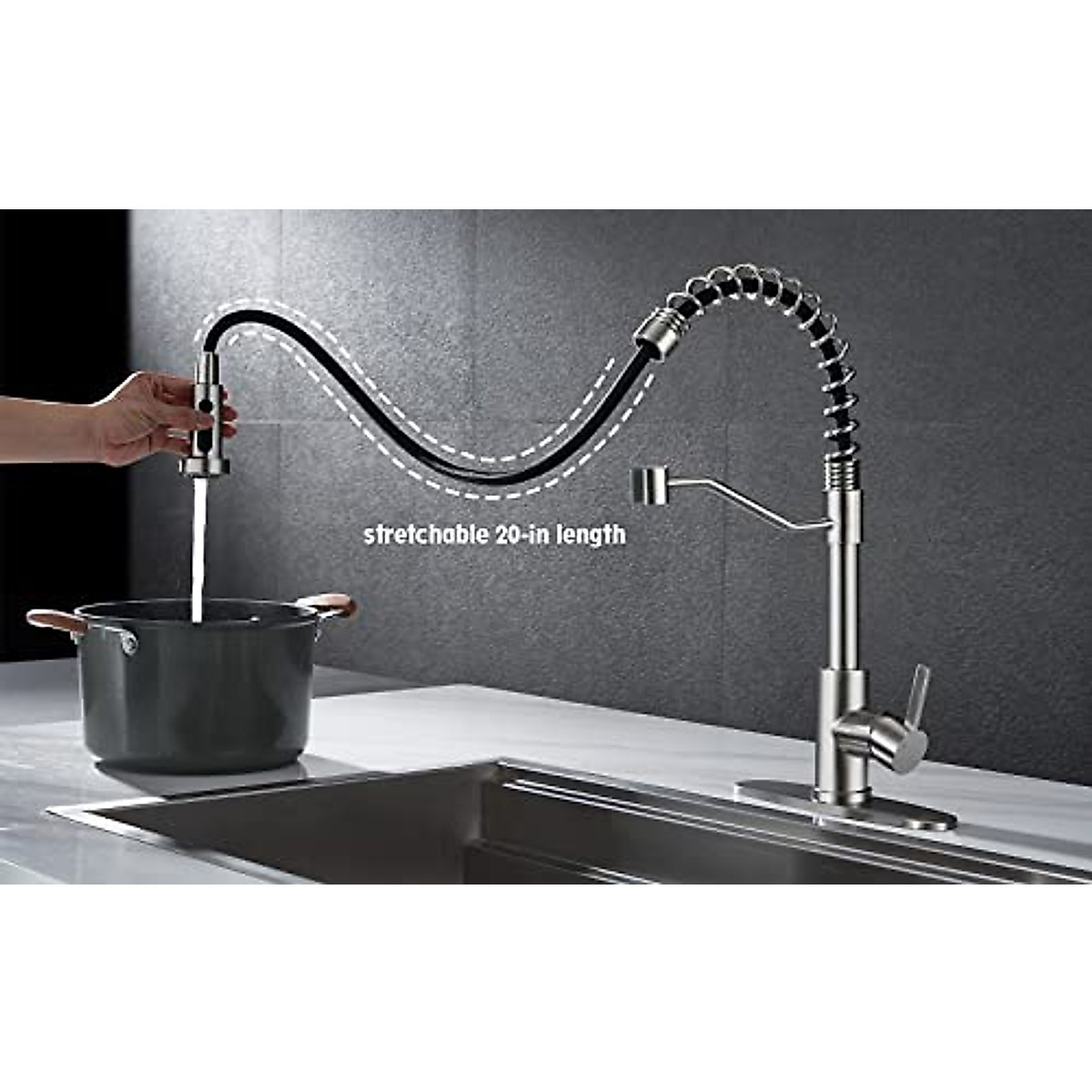 GUUKAR Kitchen Faucet with Pull Down Sprayer Commercial Spring Farmhouse Single Handle Kitchen Sink Faucet with Deck Plate, Brushed Nickel