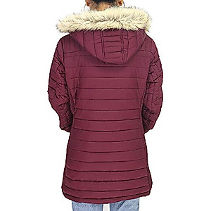 Facitisu Womens Winter Warm Jacket Long Down Faux Fur Hooded Quilted Sherpa Lined Coat (Wine, L)