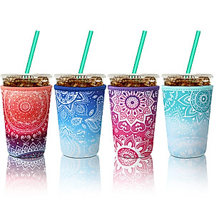 4 Pieces Reusable Coffee Sleeve Cup Insulator for Cold Drinks Beverages and Neoprene Holder for Most Coffee (22-24 oz Medium,Datura Style)