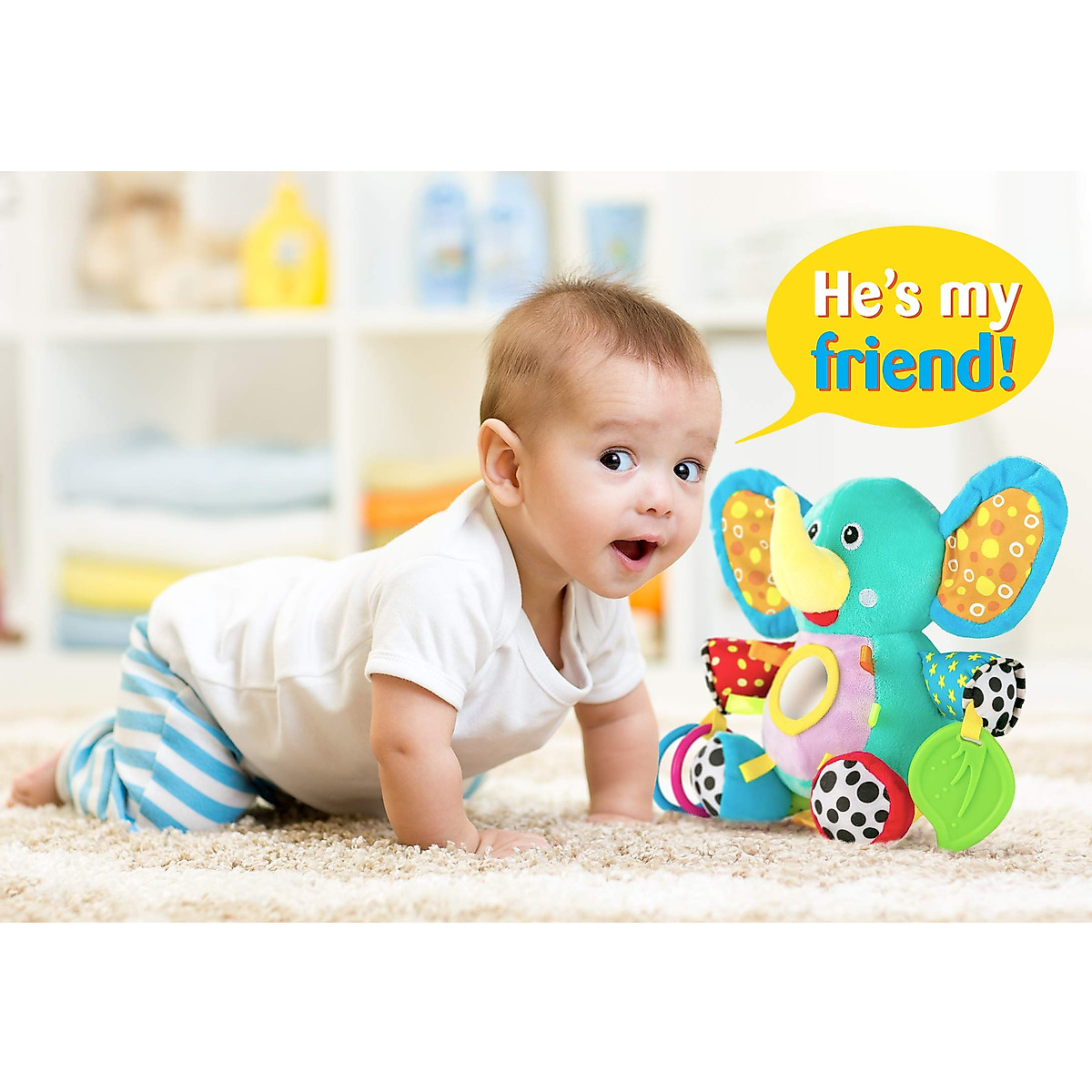 OKIKI Elephant Plush Stuffed Infant Toy, Baby Development Toys with Musical Box, Squeaky Feet, Kids Mirror, BPA Free Teether - Stroller, Crib, Carseat Baby Toys