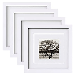 Egofine 8x8 Picture Frames 4 PCS - Made of Solid Wood Covered by Plexiglass for Table Top Display and Wall Mounting Photo Frame for Pictures 4x4/6x6 with Mat White