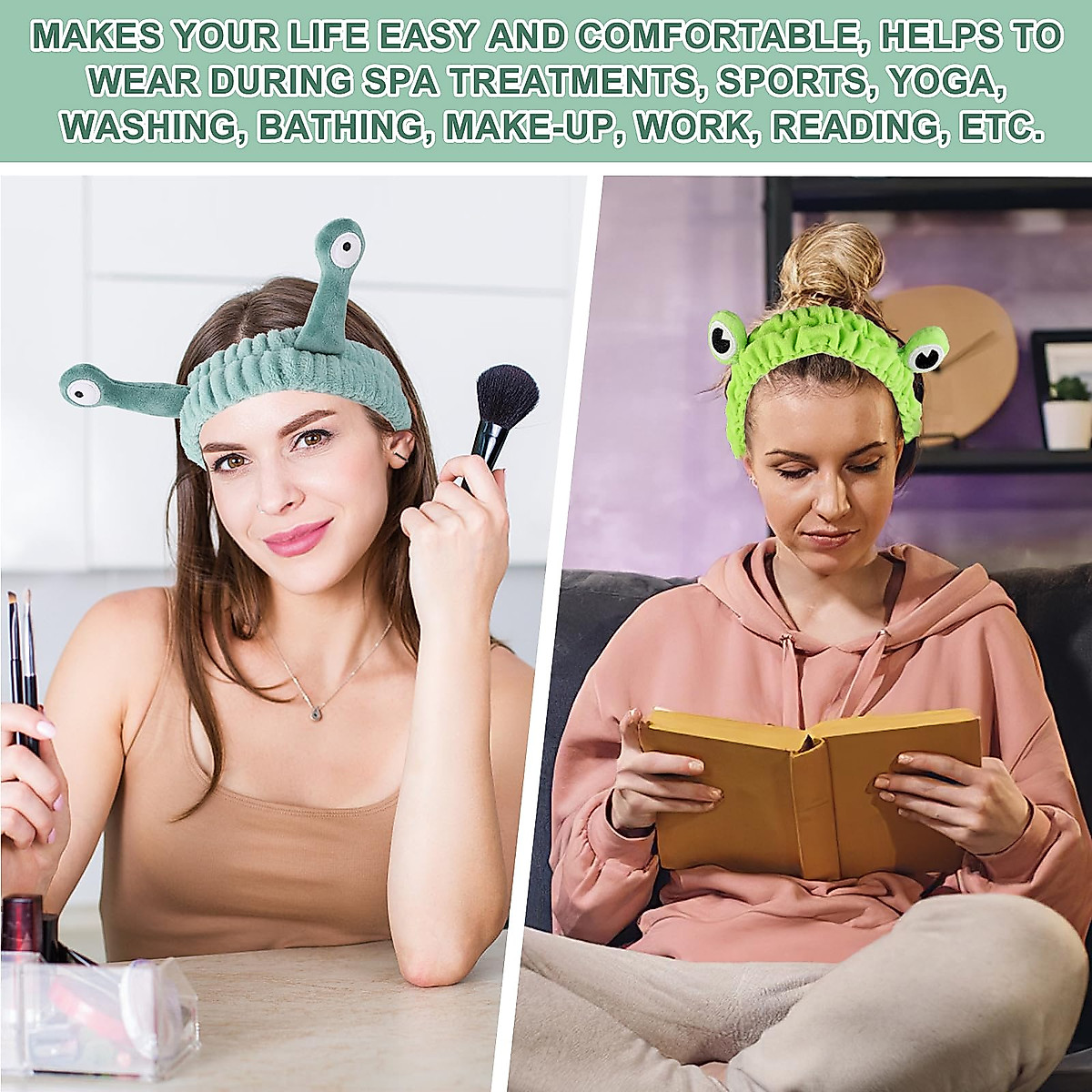 Molain 2Pcs Frog Headband Face Wash Headband, Spa Hair Bands Makeup Headbands Women Cartoon Cute Coral Fleece Elastic Headband Creative Hair Accessories for Washing Face Shower Sports Beauty Skincare
