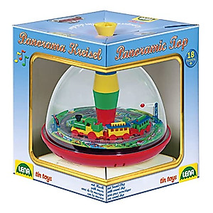 Lena 52120 tin Toys Panorama Ø19 cm, Plastic Humming, Classical Pump Mechanism, Musical Locomotive, Stand, Spinning top for Children from 18 Months, Colourful