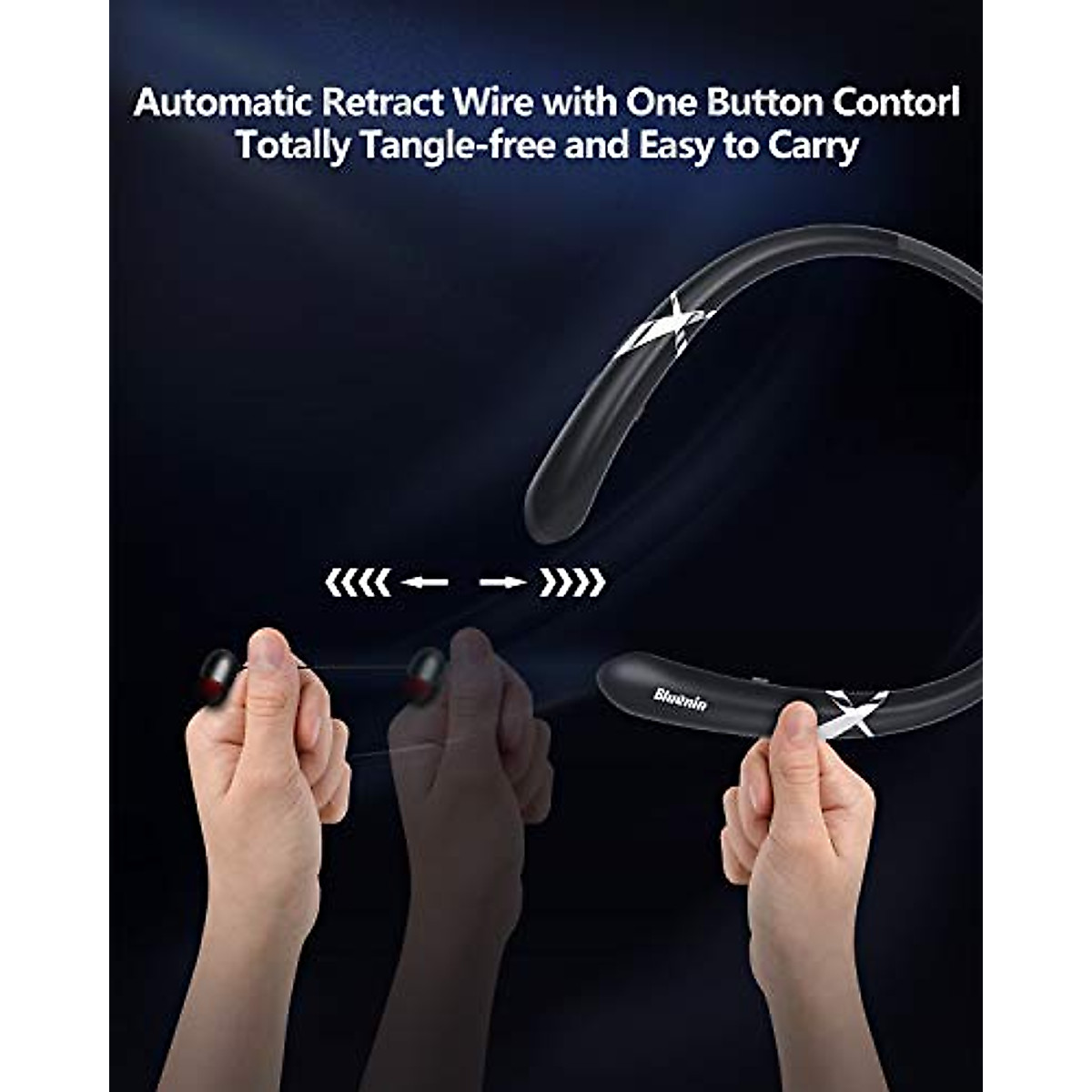 HaiYusen Bluetooth Headphones, Bluenin Neckband Wireless Headphones Bluetooth 5.0 Retractable Earbuds Stereo Headset CVC 8.0 Noise Cancelling Call Vibrate Alert Earphones with Mic (Black)