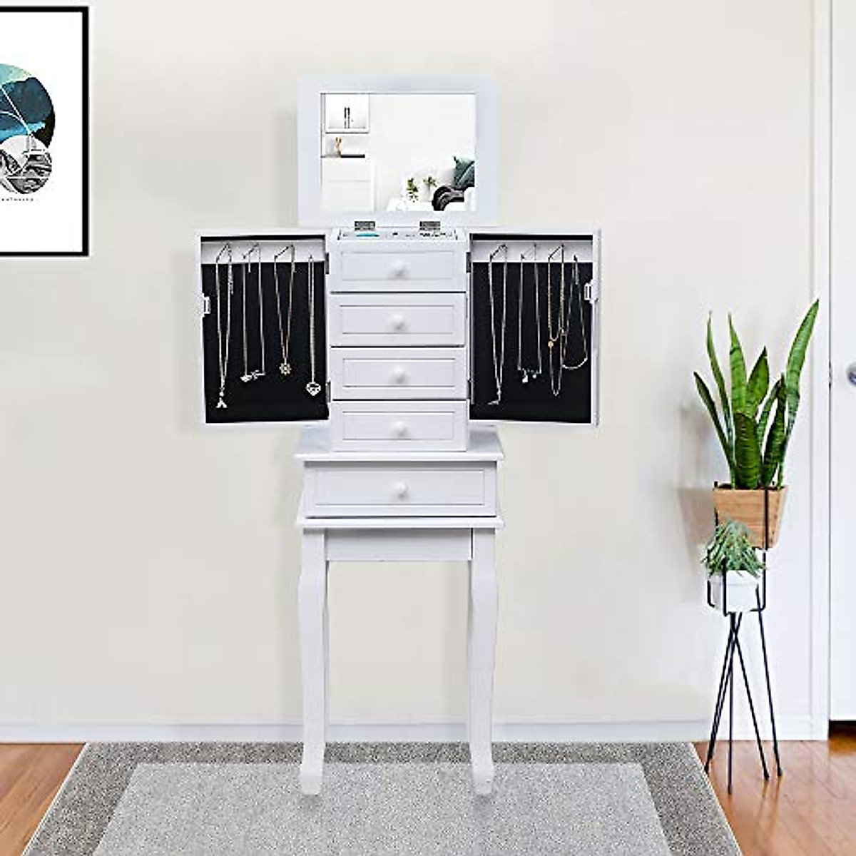 WEI WEI GLOBAL Standing Jewelry Armoire w/Top Flip Makeup Mirror, Wooden Jewelry Cabinet Chest Organizer, Stand Up Storage Display Box- 5 Drawers & 14 Necklace Hooks, White