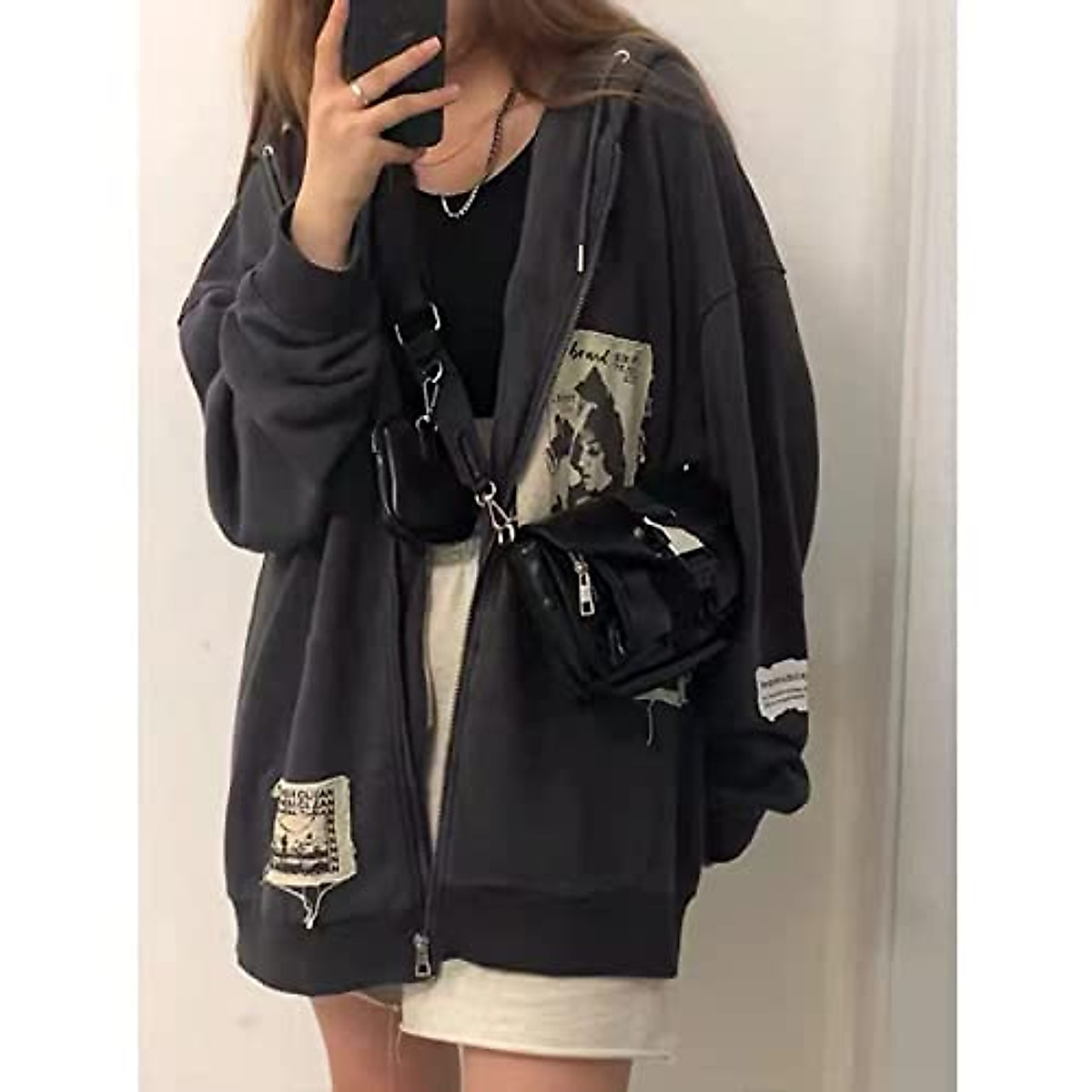 Alt Emo Clothes Women Oversized Zip Up Hoodies Rhinestone Y2k Aesthetic Skeleton Sweatshirts Grunge Gothic Jacket Streetwear (L,b)