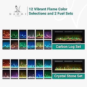 Alice 50" Electric Fireplace Inserts Recessed, Wall Mounted Fireplace LED Fireplace with 12 Flame Colors, Touch Screen, Remote Control, Timer, Carbon & Crystal Stones 500W/1500W - 50 inches