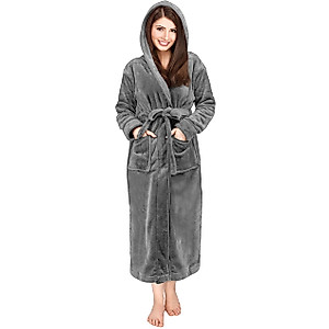 NY Threads Women's Fleece Hooded Bathrobe Plush Long Spa Robe, Medium, Steel Grey