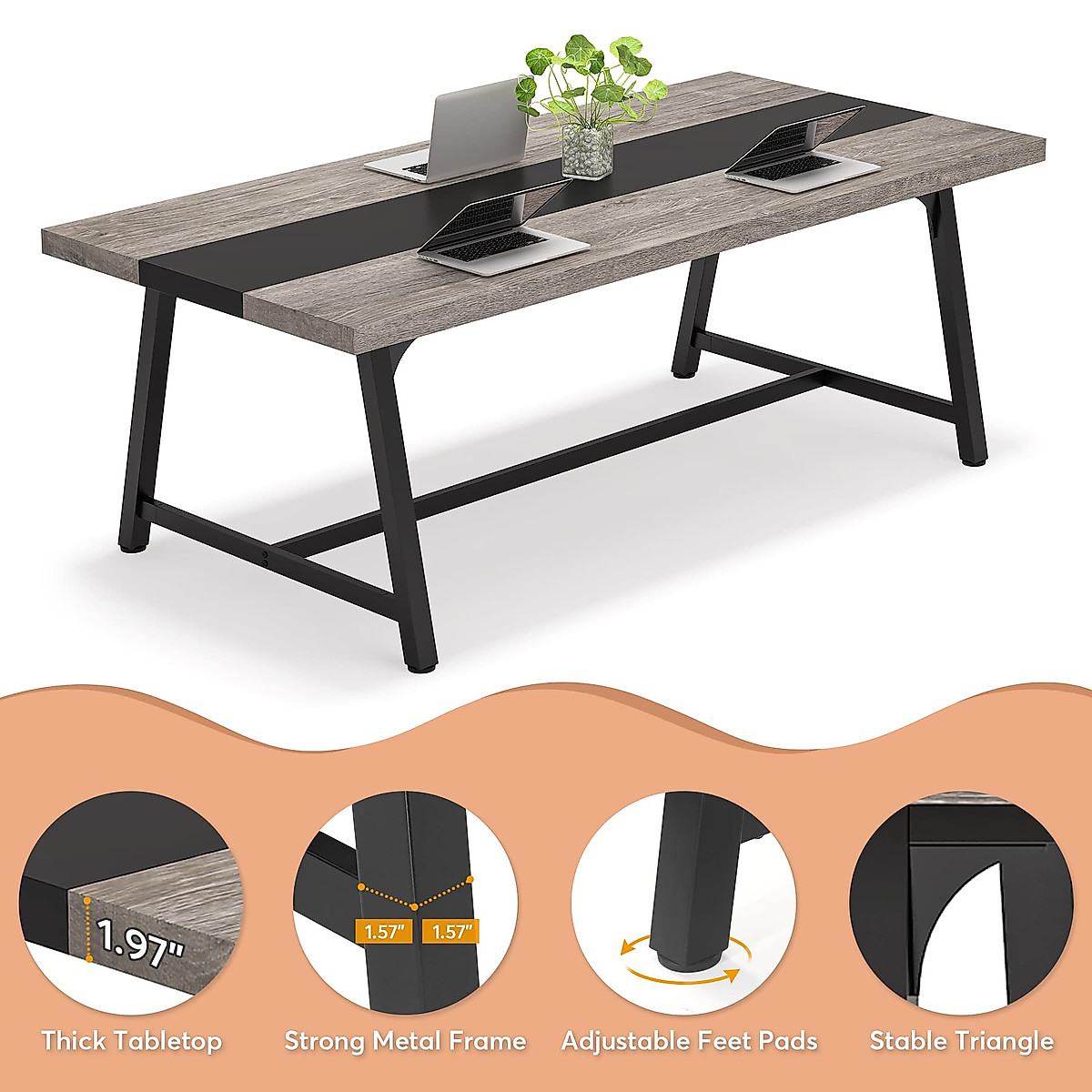 Tribesigns 6FT Rectangle Conference Table, 70.87L x 33.46W x 29.92H Inches Meeting Table for Conference Room, Vintage Wood Office Executive Desk with Strong Metal Frame for 6 People (Grey)