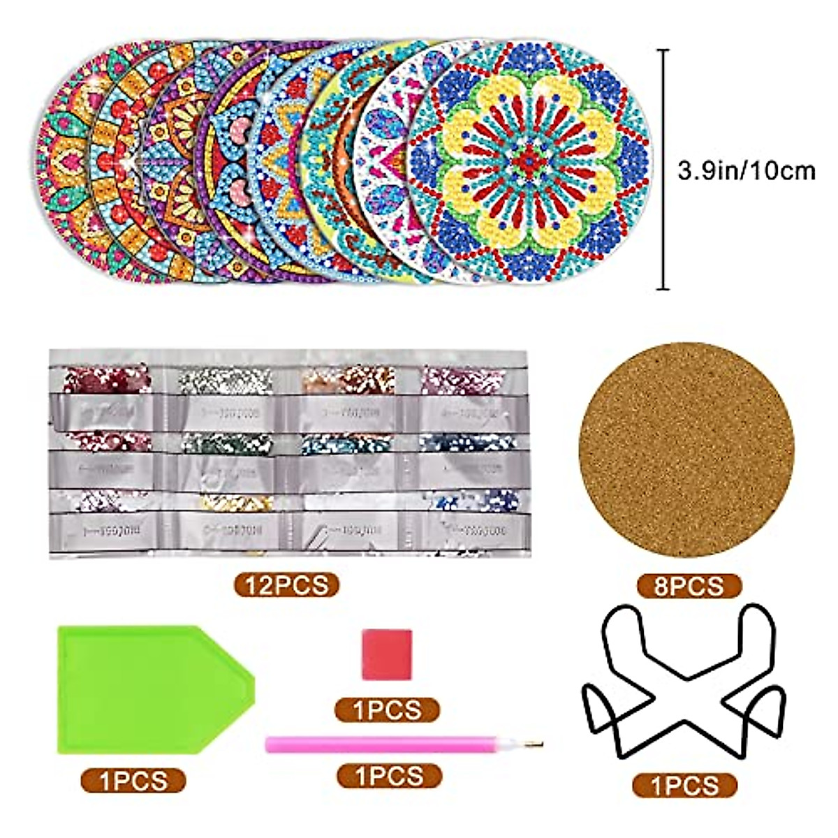 ASIPHITU Diamond Painting Coasters with Holder 8 Pcs Mandala Coasters Diamond Art Kits DIY Arts and Crafts for Adults Beginners & Kids
