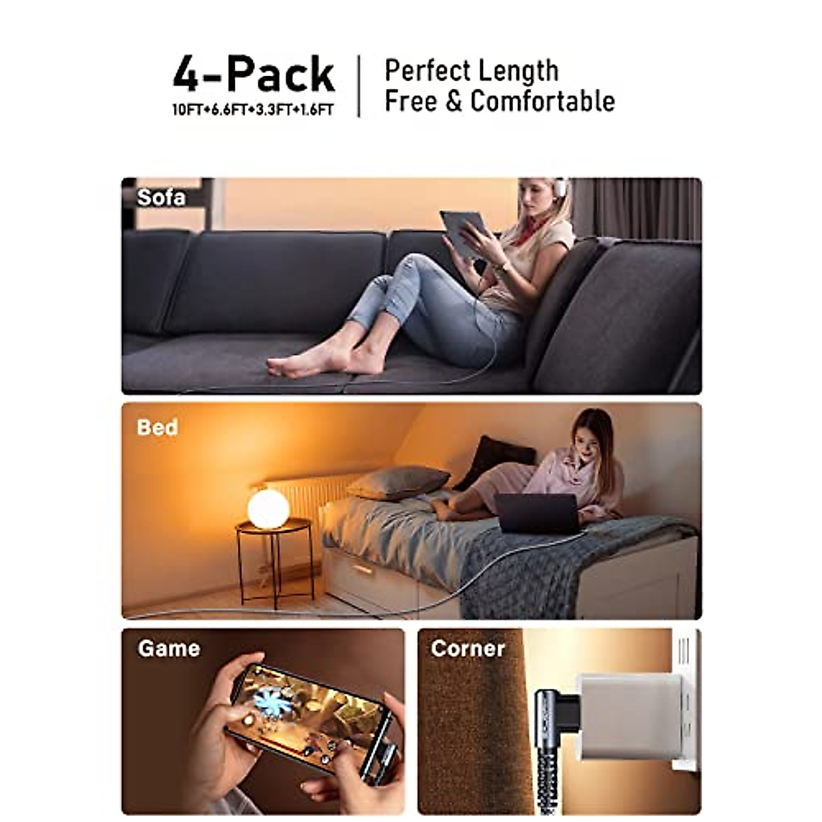 MRGLAS 4-Pack USB C to USB C Cable 60W 3.2A, [90°, Gold-Plated] Type C Charger Fast Charging for iPhone 15 Pro Max Plus, [10+6.6+3.3+1.6FT] USB C Charger Cable for Samsung S24 S23,iPad Pro,MacBook Pro