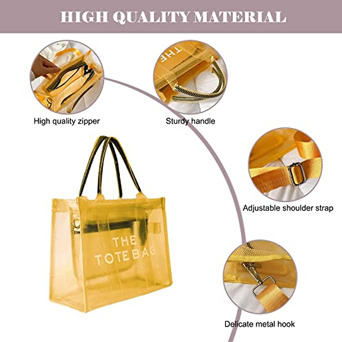 Clear Tote Bag for Women, Small Transparent PVC Tote Bag Women Shoulder/Crossbody Bag Top Handle Mesh Tote with Zipper and Pockets, Waterproof Beach Bag