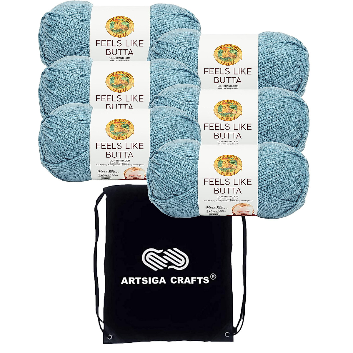 Lion Brand Feels Like Butta Dusty Blue 215-108 (6-Skeins - Same Dye Lot) Worsted Medium #4 Polyester Yarn for Crocheting and Knitting - Bundle with 1 Artsiga Crafts Project Bag