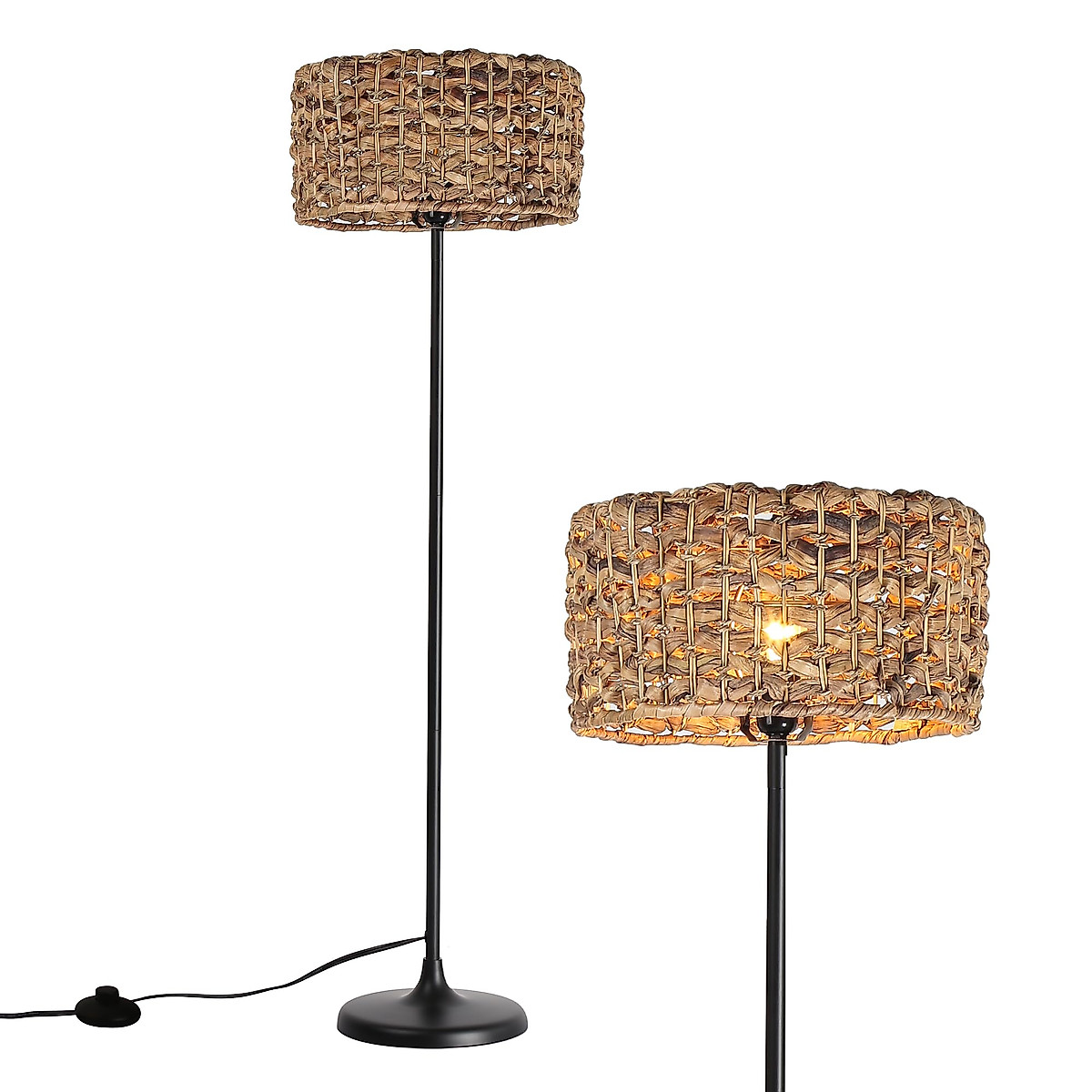 Zompoo Bamboo Rattan Floor Lamp for Living Room, Boho Hand-Worked Woven Cylinder Lampshade Standing Lamp with Foot Switch, Industrial Black Tall Floor Light Decoration for Bedroom, Farmhouse