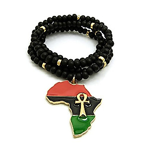 CBC Crown Pan African Colored Africa Map Continent Pendant on 26"/30" Wooden Bead Necklace in Gold or Silver Tone (30" - Black & Gold, Gold Ankh)