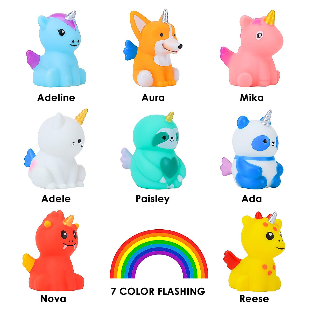 Lightaling Light Up Unicorn Bath Toys, Floating Rubber Bathtub Toys(8 Pc), Flashing Color Changing Light in Water,Baby Infants Kids Toddler Child Preschool Bathroom Shower Games Swimming Pool Party
