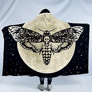 Sleepwish Death Moth Hooded Blanket Hawk Moth Skull Sherpa Fleece Blanket with Hood Black Galaxy Star Print Blankets for Kids Teens Boys Men Gothic (Adults 60"x 80")