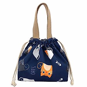 Enyuwlcm Mini Lunch Tote Pouch Reusable Small Cute Lunch Bag with Drawstring Suitable for Girls Women Cat Blue