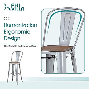 PHI VILLA Metal Patio Bar Stools Set of 4, 30 inches Counter Height Stools with Wooden Seat and High Back, Industrial Style Bar Chairs for Indoor & Outdoor, Pub, Kitchen Island - Matte Grey
