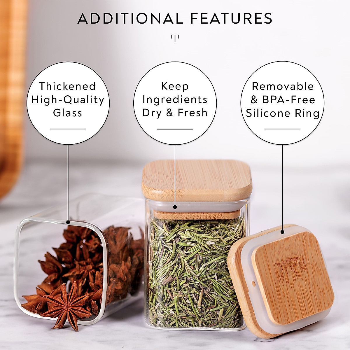 Laramaid 7oz 12Packs Glass Jars Set with 208 Minimalist Spice Labels, Square Spice Jars with Bamboo Lids and White Vinyl Customized Sticker Labels, Food Storage Container Canisters