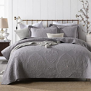 ABREEZE King Size Grey Quilt Cotton Vintage Floral 3-Piece Paisley Quilt Set Scalloped Comforter Bedspread Set Quilted Coverlet Cotton Beige Comforter King Size