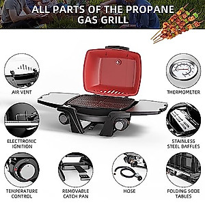 Portable Gas Grill, Portable Propane Grill, Propane Gas Grill, 24,000 BTU Outdoor Tabletop Small BBQ Grill with Two Burners, Removable Side Tables, Gas Hose and Regulator, Built in Thermometer, Red