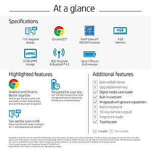 HP Chromebook x360 11-inch -Laptop -with 360-degree -Hinge, Intel Celeron N3350 -Processor, 4 GB -RAM, 32 GB eMMC Storage, Chrome OS (11-ae110nr, Snow White)