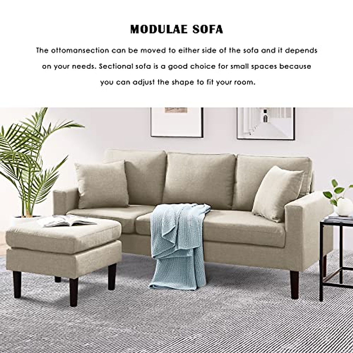 SoarFlash 72” Convertible Sectional Sofa Couch L-Shaped Couch Modern Linen Fabric 3-Seat Sofa Sectional with Reversible Chaise for Office,Living Room/Small Space(Beige)