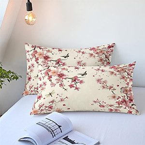 CCoutueChen Japanese Cherry Blossoms Duvet Cover Set King Size Pastel Pink Floral Comforter Bedding Set Nature Duvet Covers for Girls Women Adults Exquisite Flowers Duvet Cover with 2 Pillowcases