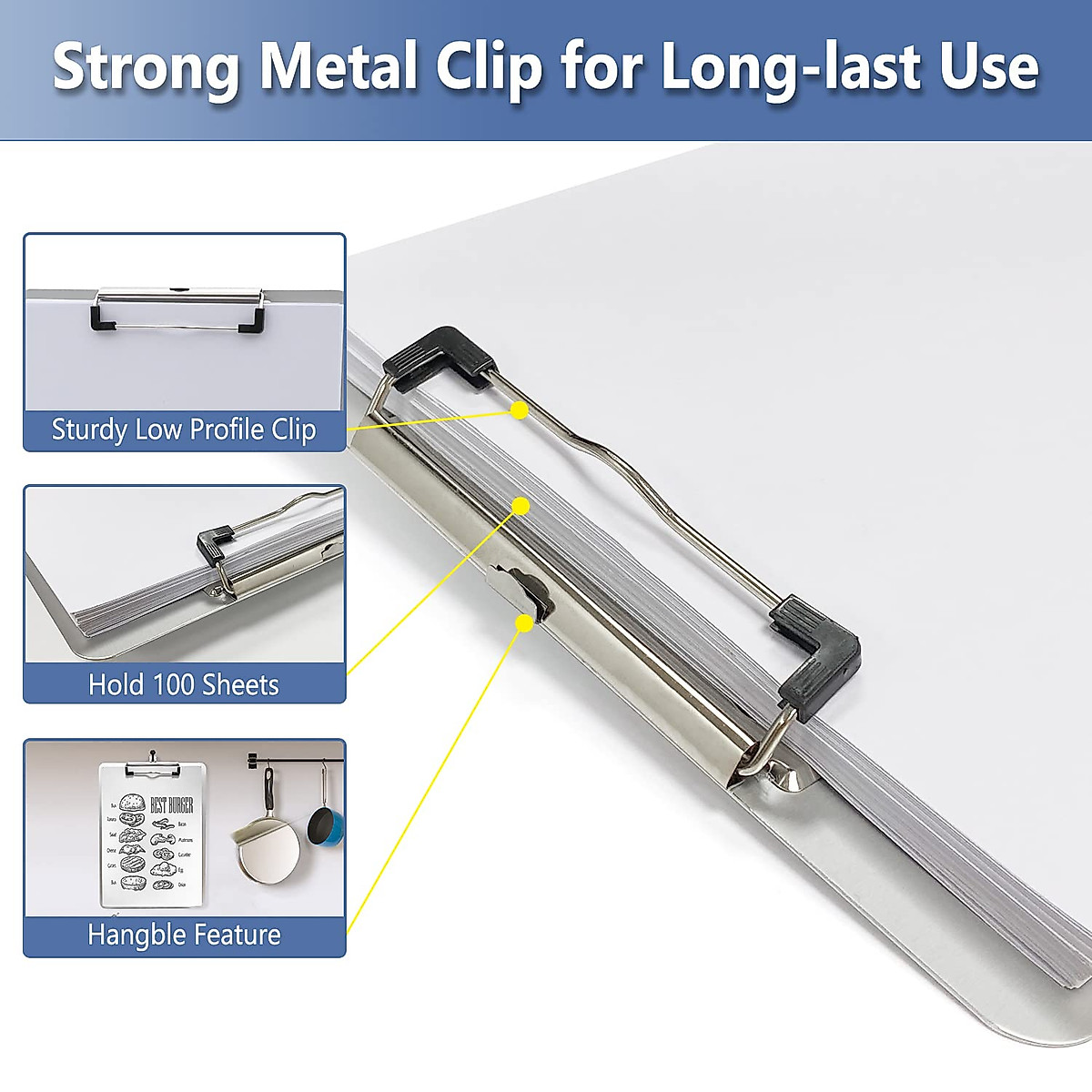 Metal Clipboard, 20% Sturdier Aluminum Contractor Clipboard with Low Profile Clip | Hangable Recycled Heavy Duty Rust-Proof | Plate for A4 Size Sheet, for Jobsite, Laboratory, Medical, Office, Teach