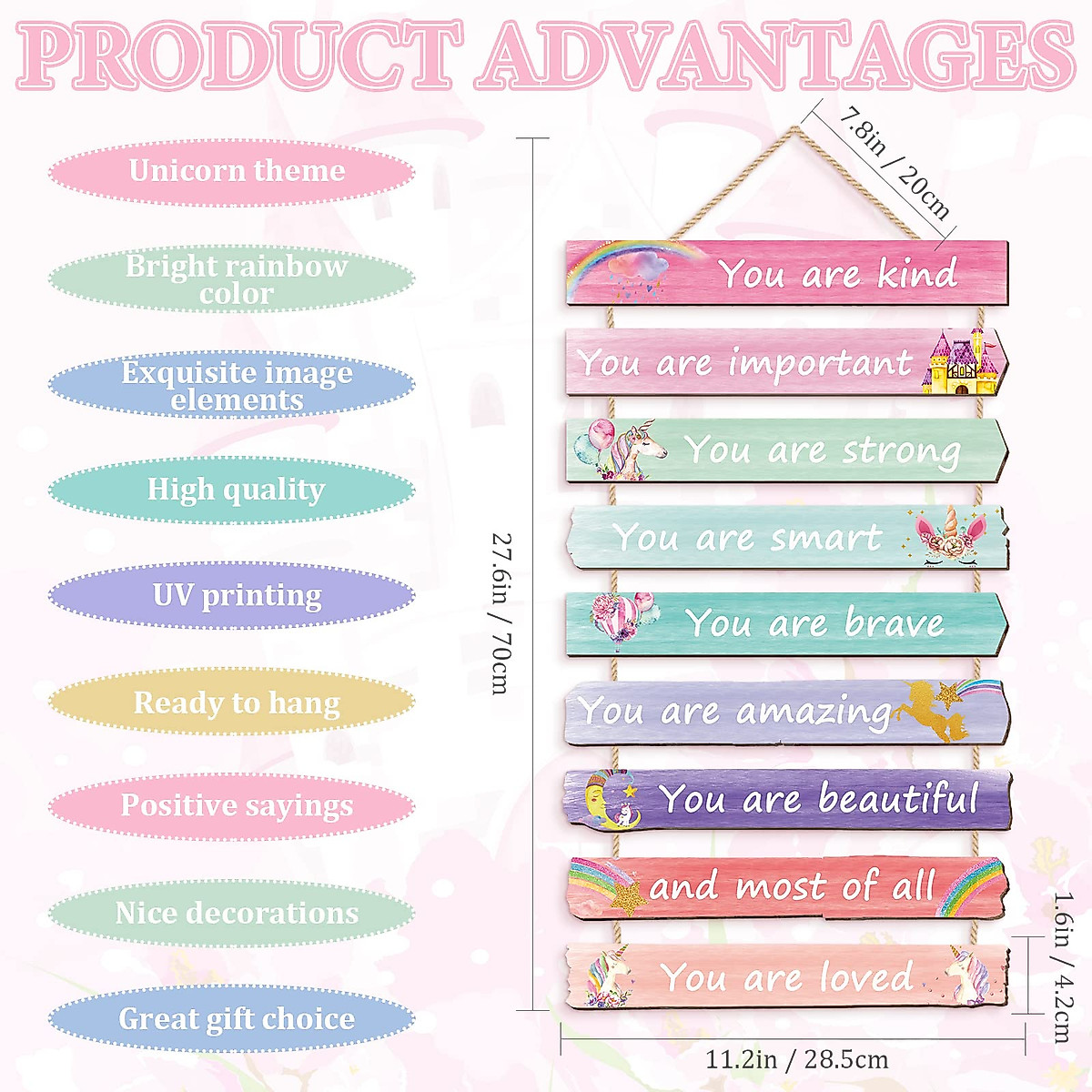 Yookeer Set of 9 Unicorn Rainbow Room Wall Decor for Teen Girls Inspirational Wall Unicorn Rainbow Motivational Art Aesthetic pink Wood Art Signs for Princess Nursery Room Bedroom