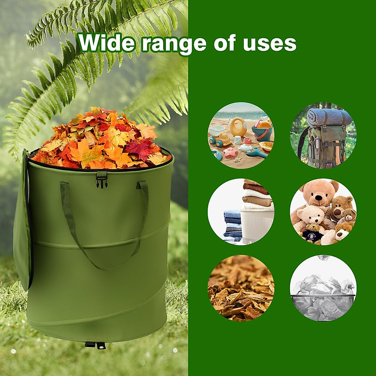 Collapsible/Pop Up Trash Can, Outdoor Trash Can and Recycling Bin 13.8x15.8 In, 600d Oxford Cloth Yard Waste Bags, Camping Trash Can Collapsible with Clip and Zip lid (1Pcs-Green 10 Gallons)