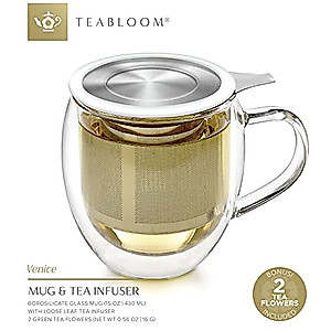 Teabloom Double-Wall Heatproof Glass Mug with Stainless Steel Infuser and White Lid – 15 OZ / 430 ML – 2 Blooming Teas Included