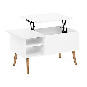 Furinno Jensen Wooden Leg Lift Top Coffee Table with Hidden Compartment and Side Open Storage Shelf for Living Room, Solid White