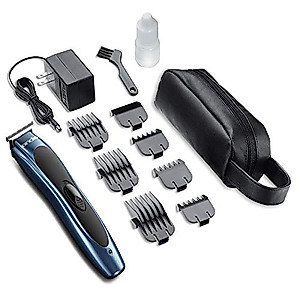 Andis 25195 VersaTrim Corded/Cordless Beard/Hair Trimmer, Lithium-Ion - Carbon Steel T-blade for Beard, Mustache, Stubble, Nose, & Body Grooming – Close Cutting, Zero Gapped – Blue, 12-Piece Kit